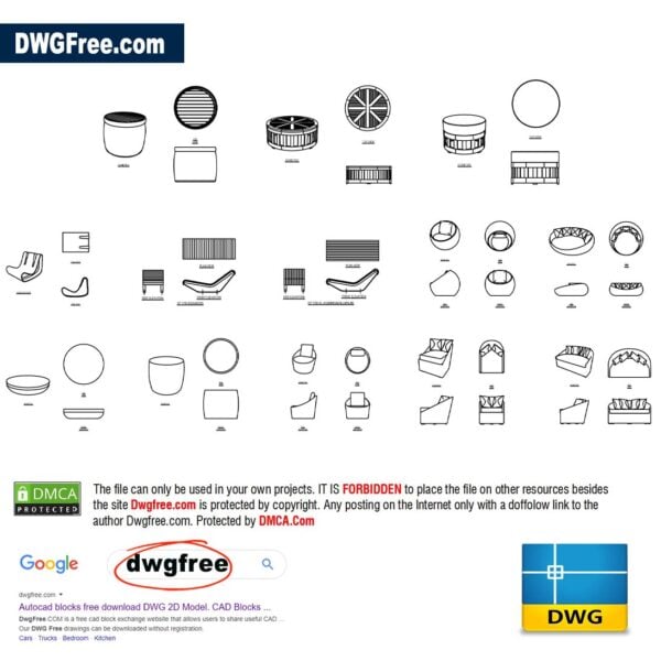 Sofá de cuero y Puff DWG Descargar el modelo en bloques de AutoCAD. autocad