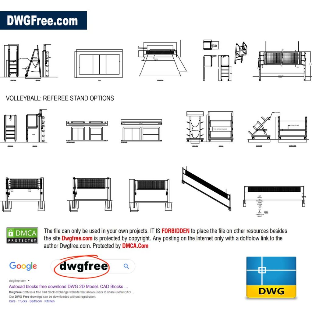 Free file Volleyball net with post 2D AutoCAD in DWG format.