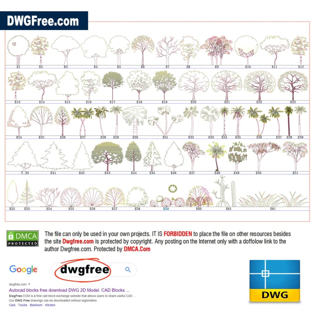 Drawing Trees elevation CAD blocks 2D DWG file download.